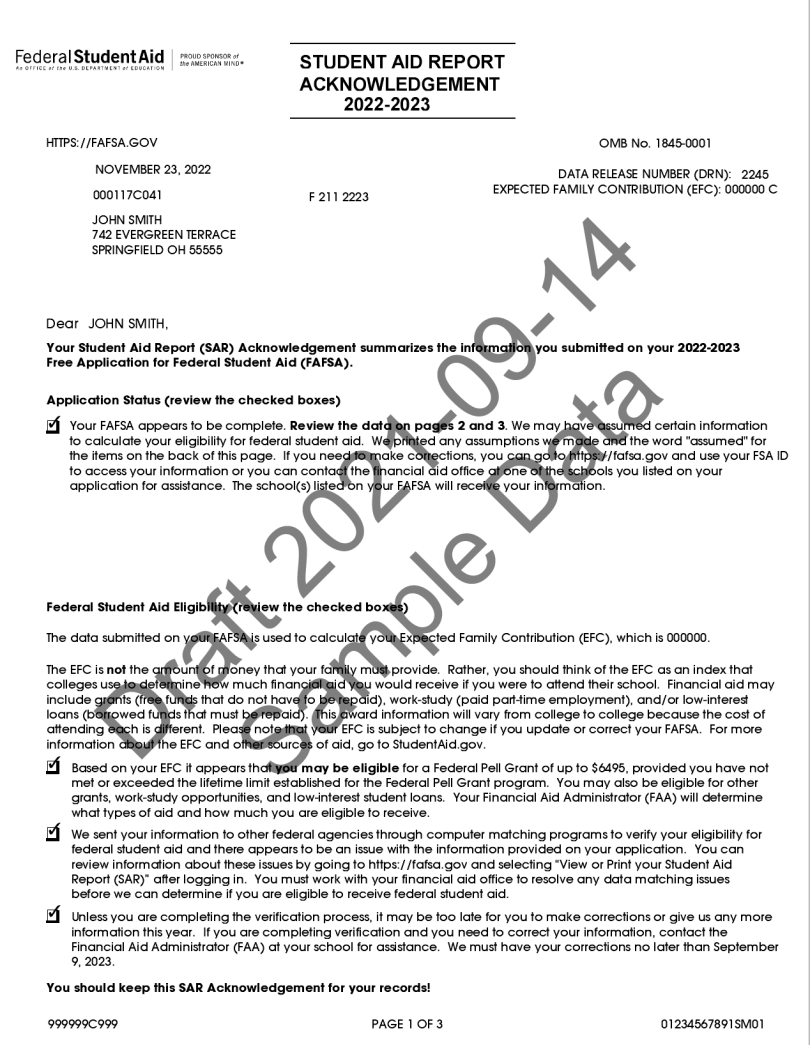 Sample Copy of the FAFSA Student Aid Report (page 1) – Colleges That ...