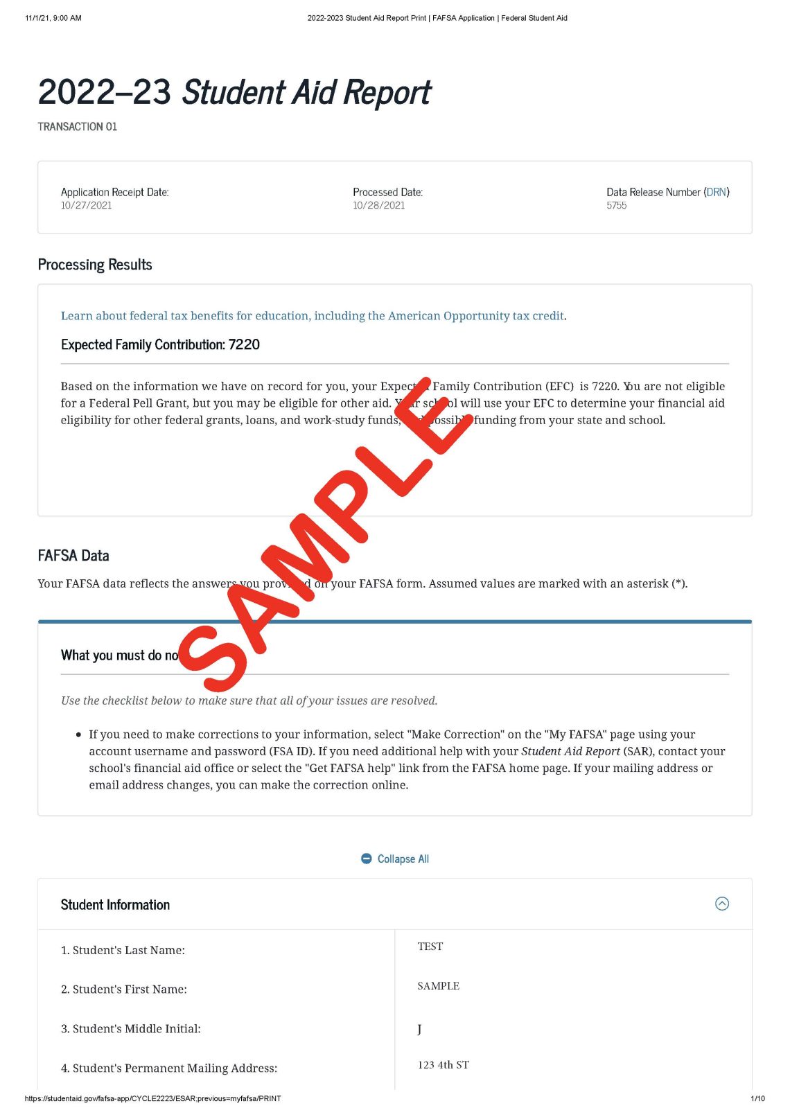 Sample Copy of the FAFSA Student Aid Report (page 1) – Colleges That ...