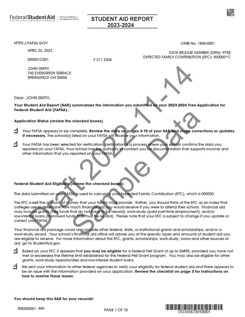Sample Copy of the FAFSA Student Aid Report (page 1) – Colleges That ...