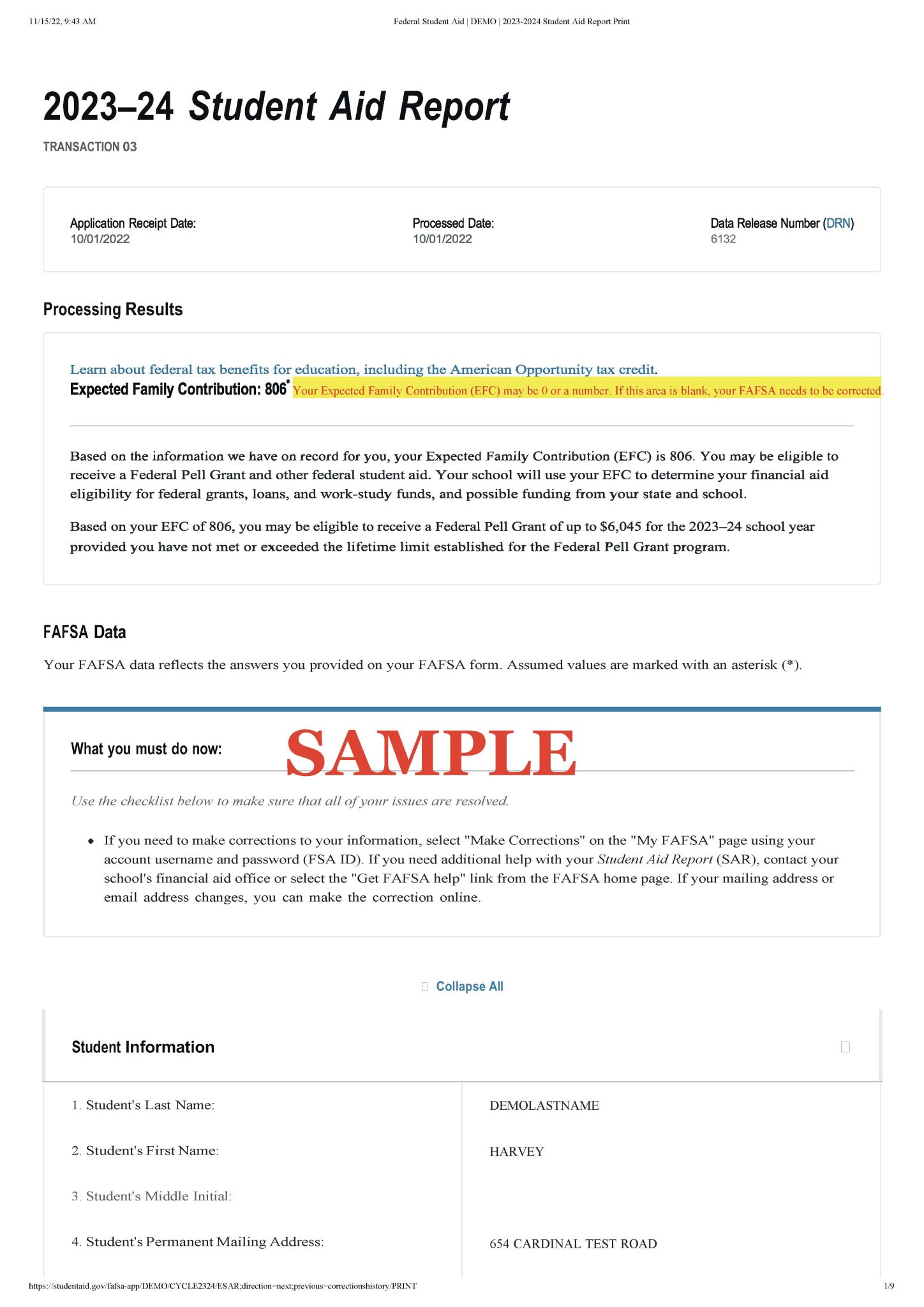 Sample Copy of the FAFSA Student Aid Report (page 1) – Colleges That ...